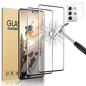 [2+2 Pack] Galaxy S21 Ultra 5G Glass Screen Protector and Camera Protector, HD Clear 9H Tempered Glass Scratch Resistant, Fingerprint Unlock, Full Coverage for Samsung Galaxy S21 Ultra Screen Saver (6.8 Inch)