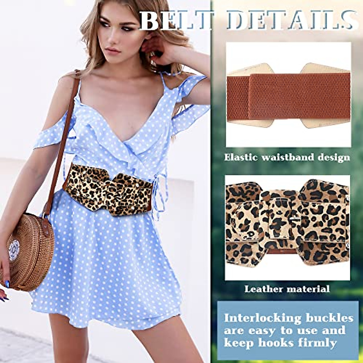 Geyoga 3 Pieces Women Waist Belt Elastic PU Leather Corset Cinch Belt Stretchy Retro Corset Belt Chunky Buckle Belts Waistband for Dresses, Leopard, Brown, Black