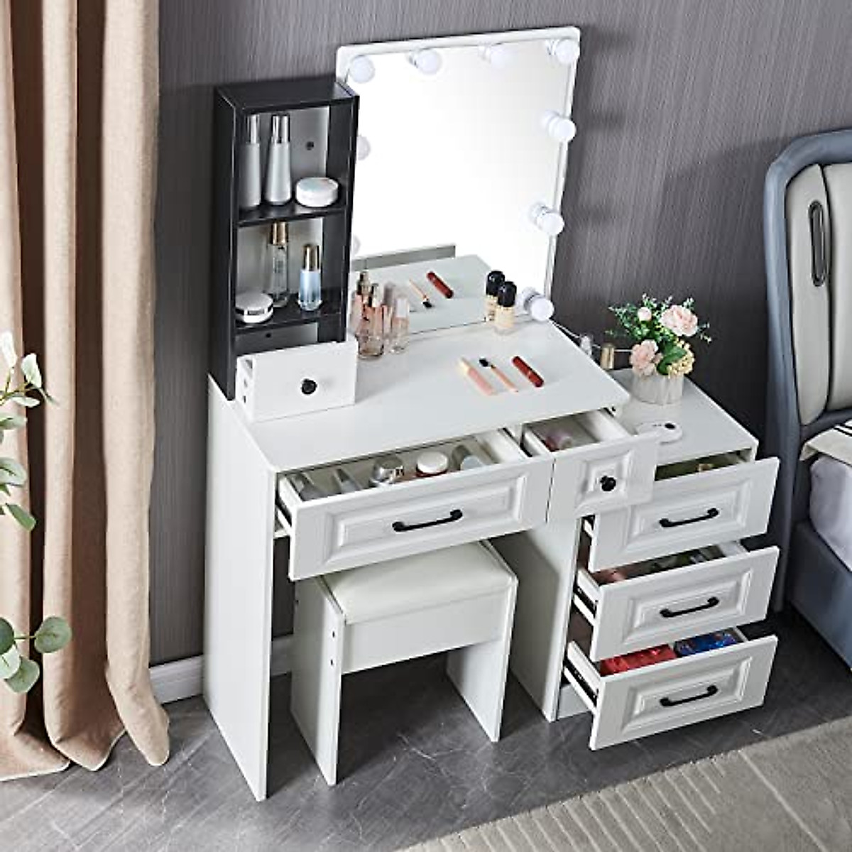 31.5'' Wide Vanity Table Set with Stool and Mirror, Makeup Vanity Desk with Lights, Dresser with Drawers for Bedroom, White