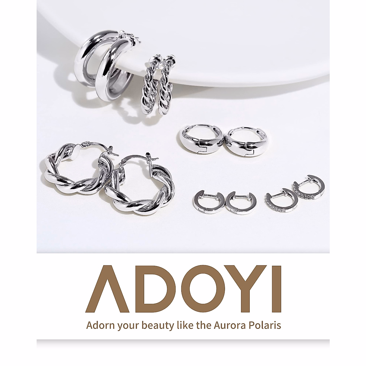 Adoyi Silver Hoop Earrings Set for Women Small Gold Hoops Twisted Huggie Hoop Earrings 14K Plated for Women Gift Lightweight 6 Pairs Ball Earrings