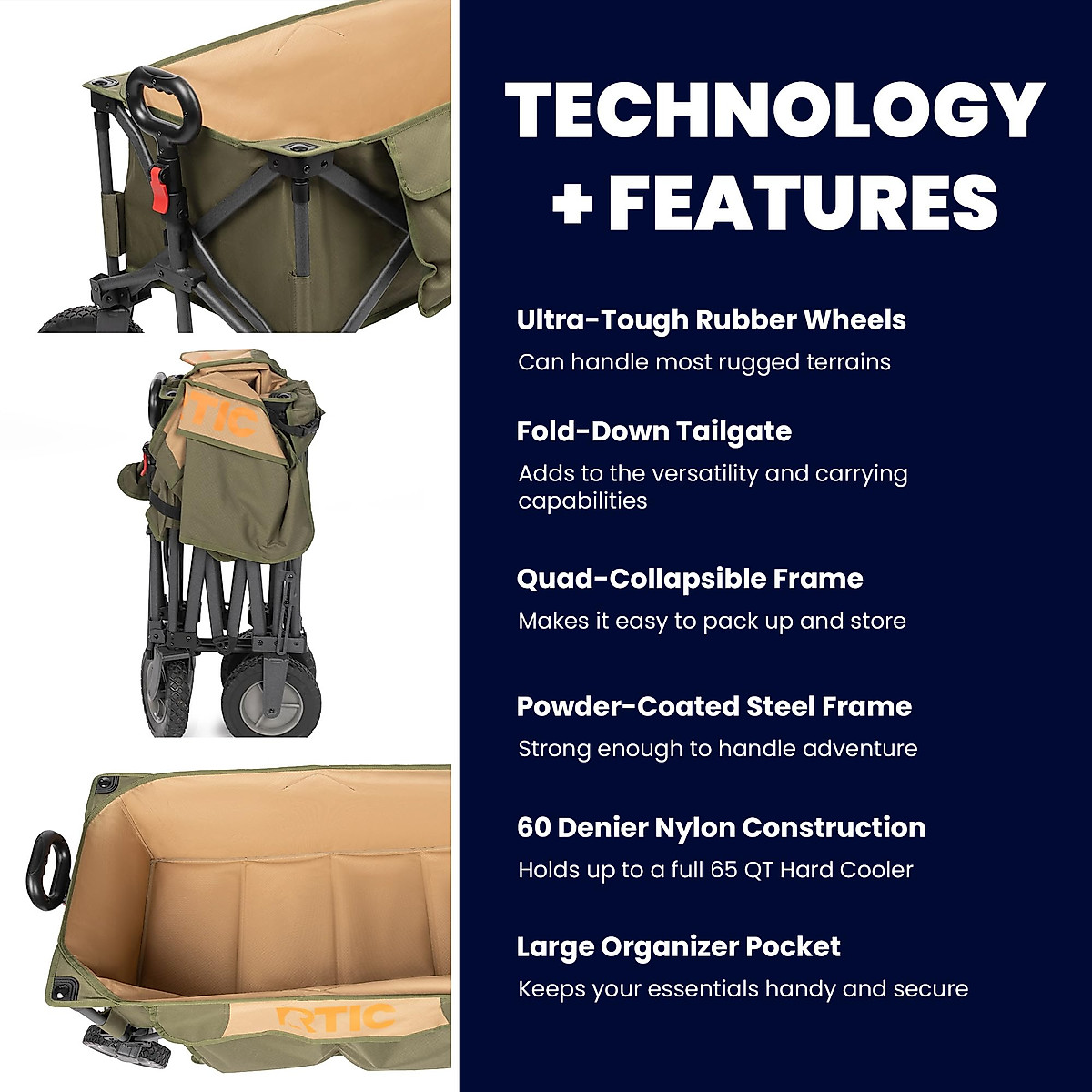 RTIC Ultra-Tough Wagon Folding Utility Cart with All-Terrain Wheels, Foldable, Portable, Collapsible, Push Pull Cart for Camping, Beach, Garden, Outdoor, Sports, 250 Lbs Capacity, Trailblazer