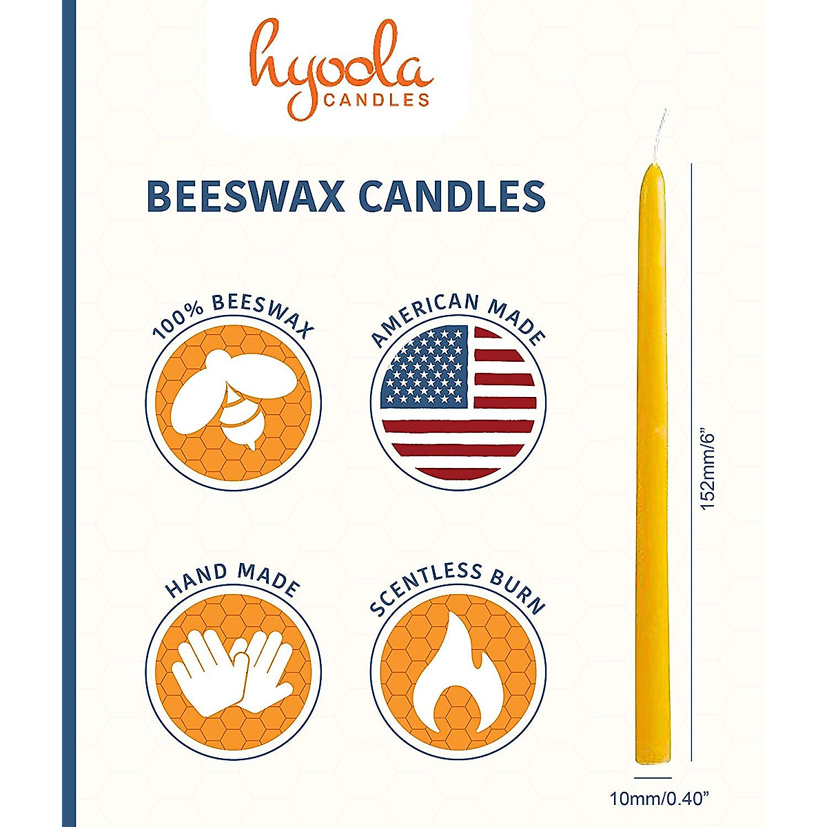 Hyoola Thin Beeswax Taper Candles - 25 Pack - Handmade, All Natural, 100% Pure Scented Bee Wax Candle - Tall, Decorative, Golden Yellow - 6” Tall - Handmade in The USA