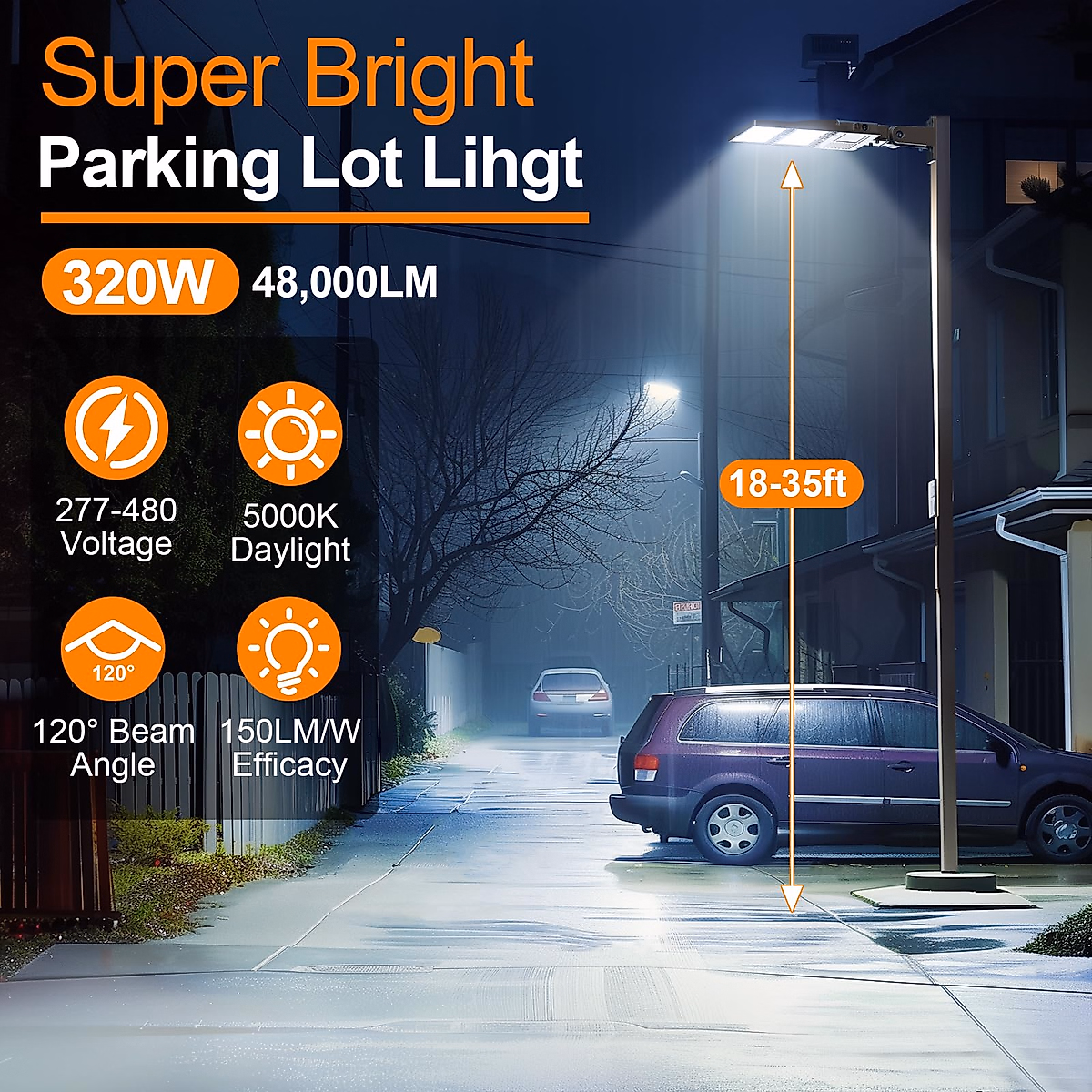 ADUB 480V 320W LED Parking Lot Light with Photocell, 48000 LM ETL Listed LED Shoebox Light Arm & Slip Fit Mount, 5000K IP65 Commercial Area Street Light Outdoor LED Flood Pole Lighting, 277~480V