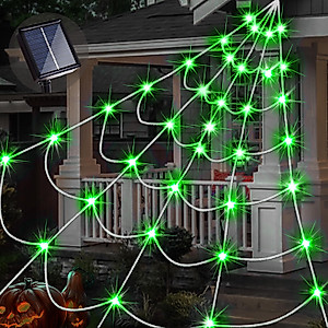 Outdoor Solar Powered Halloween Decorations Spider Web Lights, 14.8 x 16.4 FT Triangular White Spider Web with 135 LED Green Lights, Large Size Solar Halloween Decor