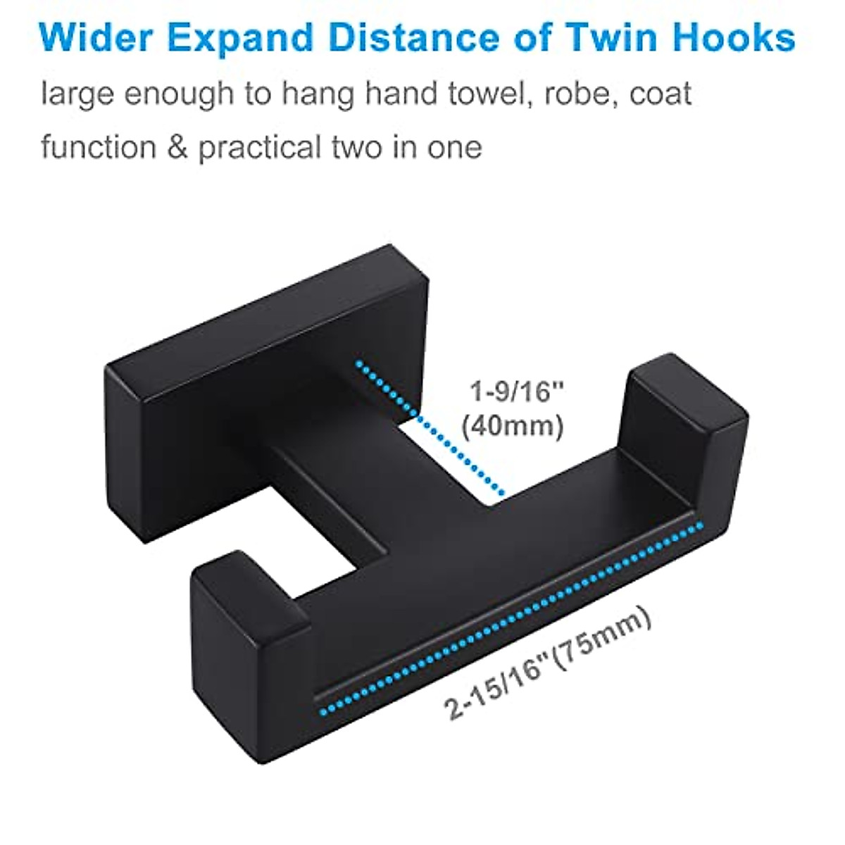 Aomasi Double Coat Hook, Stainless Steel Towel Robe Hook Kitchen Toilet Bathroom Accessories Dual Holder Heavy Duty Wall Mount, Matte Black