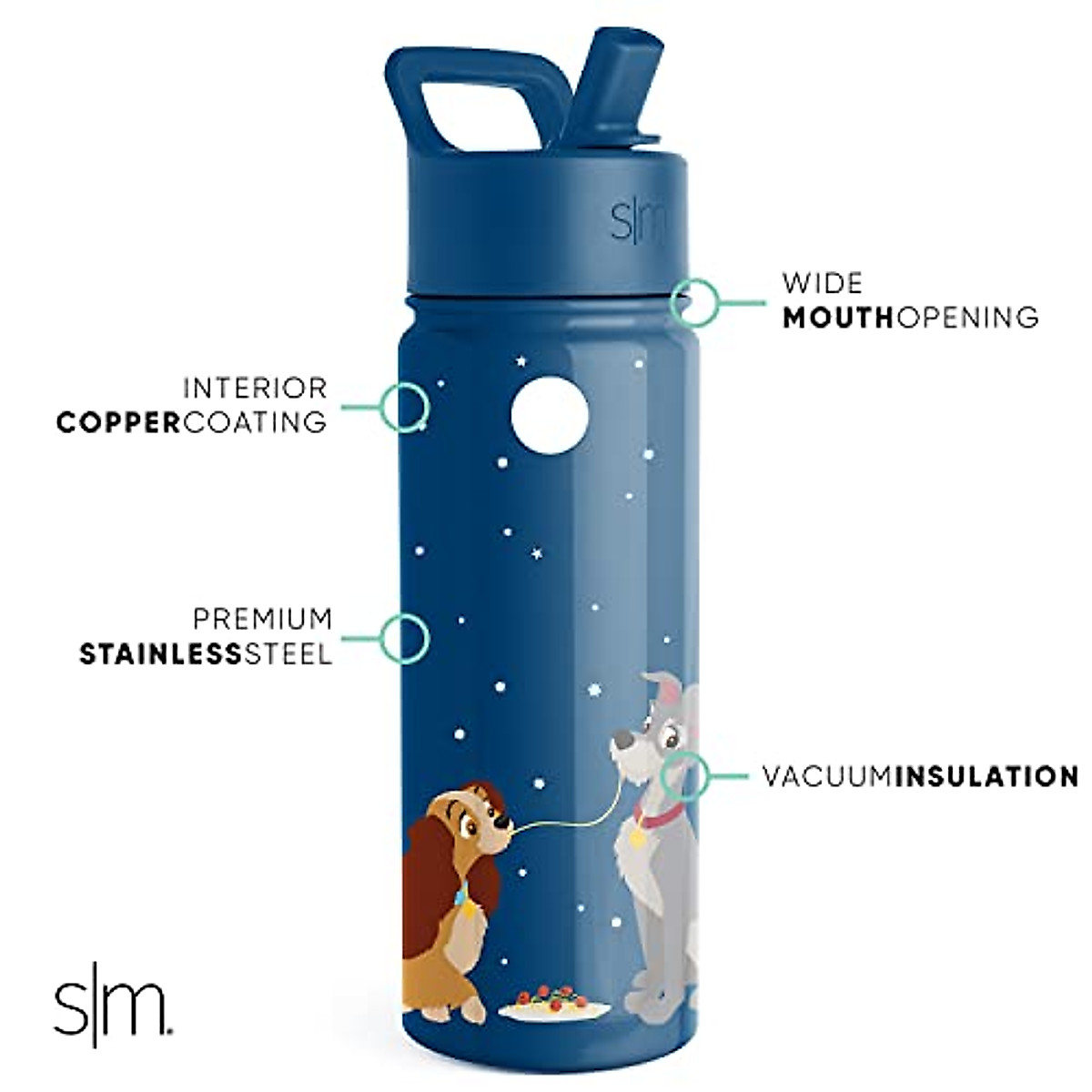 Simple Modern Disney Lady and the Tramp Kids Water Bottle with Straw Lid | Reusable Insulated Stainless Steel Cup for Girls, School | Summit Collection | 18oz, Lady and the Tramp