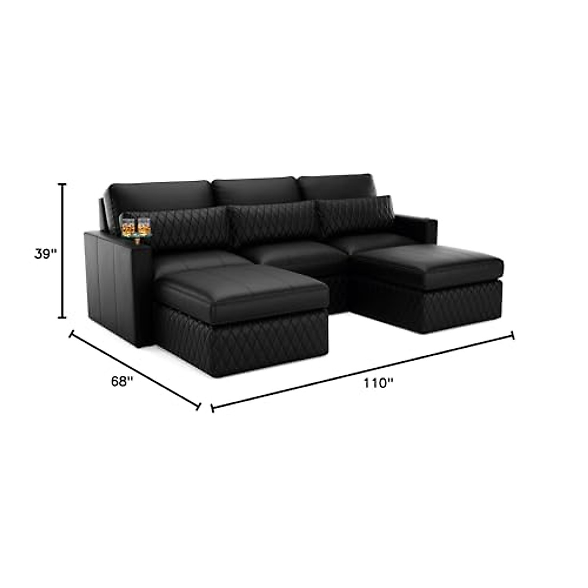 Seatcraft Diamante Sofa w/Two Ottomans, Living Room, Italian Leather, Down Feather Lining, Strong Engineered Reinforced Wood Frame, Black