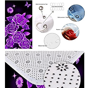 OuElegent 4Pcs Purple Flower Shower Curtain Set Glittering Rose Butterfly Daisy in Night Bathroom Decor Sparkle Romantic Rustic Floral Bathtub Curtain with Non-Slip Rugs Toilet Lid Cover and Bath Mat