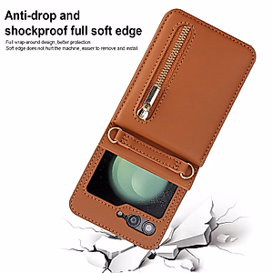 XIMAND for Samsung Galaxy Z Flip 5 Luxury Zipper Wallet Phone Case, Multi-Function Kickstand Card Holder Adjustable Crossbody Strap, Fashion Flip Case.(Brown)