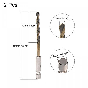 uxcell 2 Pcs High Speed Steel Hex Shank Twist Drill Bit, 4mm Drilling Dia with 1/4 Inch Hex Shank 95mm Length