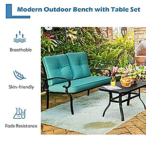 LUKEO 2PCS Patio Loveseat Bench Table Furniture Set Cushioned Chair Turquois Loveseat Coffee Table