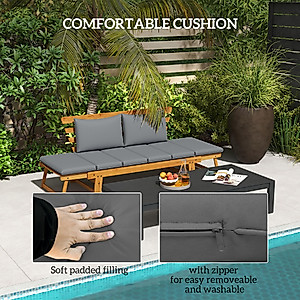 Outsunny Wooden Garden Bench for Outdoor with Cushions, Adjustable Armrests Front Porch Bench, Multifunctional Patio Loveseat, for Porch, Park, Balcony, Gray