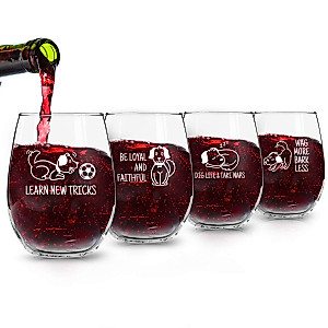 Dog Wisdom Novelty Stemless Wine Glasses Set of 4 | Funny Dog Themed Messages for Pet Owners and Wine Lovers | 15 oz. Funny Dog Wine Glass with Cute Messages | Dishwasher Safe | Made in USA