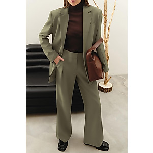 PRETTYGARDEN Women's 2024 Fall Two Piece Outfits Blazer Jacket and Wide Leg Pants Pockets Business Casual Suit Sets (Army Green,Large)