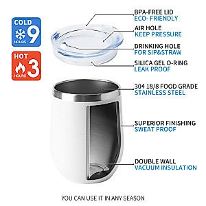 HASLE OUTFITTERS 12oz Wine Tumbler with Lid Stemless Wine Glasses Double Wall Vacuum Travel Mugs stainless steel Coffee Cup for Cold & Hot Drinks Wine Coffee Cocktails Beer 12 Pack White