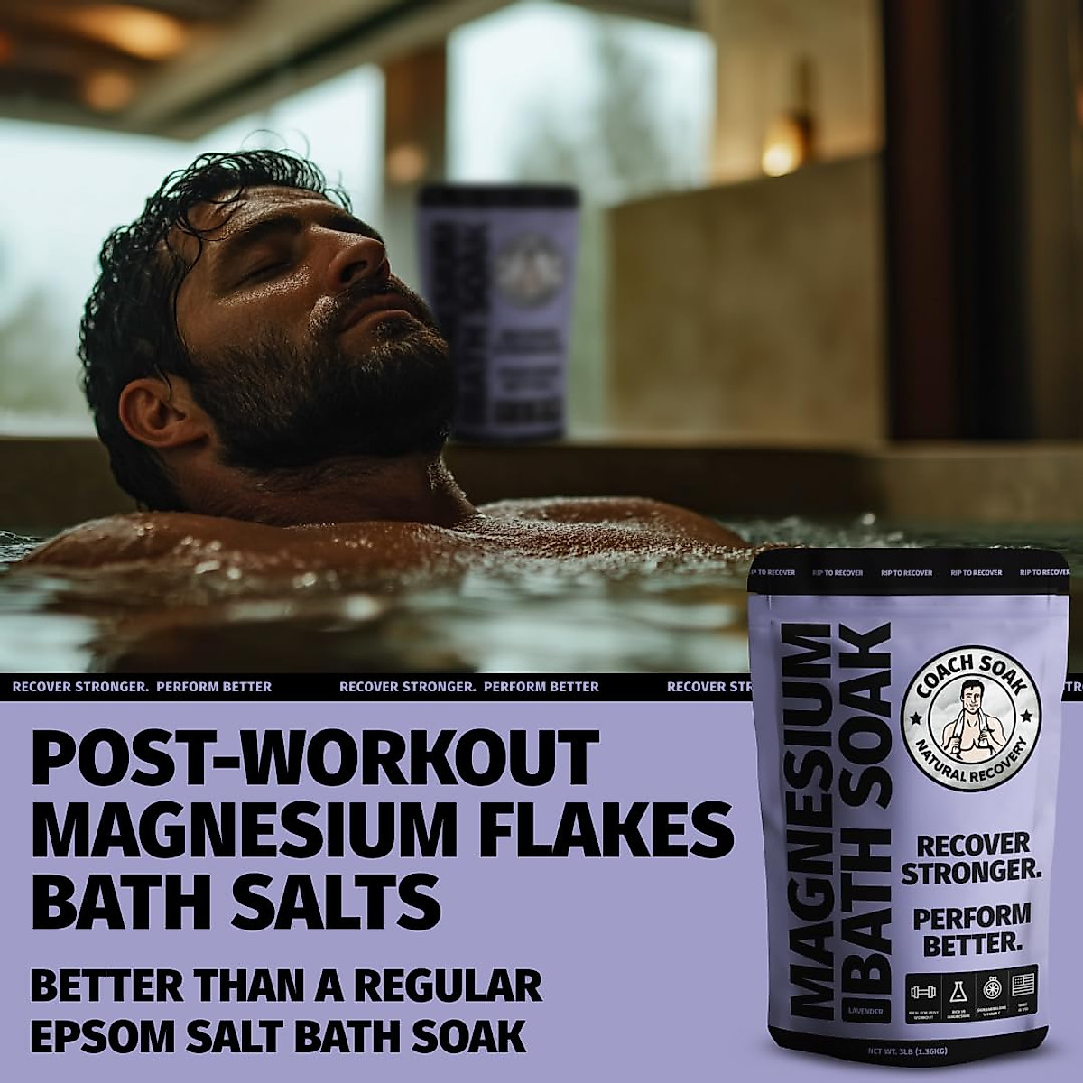 Coach Soak Recovery Bath Soak - Faster Absorption Than Epsom Salt for Pain - Rejuvenating Magnesium Flakes with 21 Minerals, Essential Oils & Bath Salts, 3lbs (Calming Lavender)