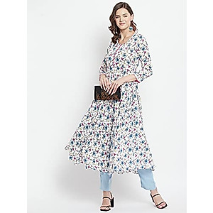 Tissu Women's Rayon White & Blue Floral Printed A-Line Kurta 2134_White_5XL