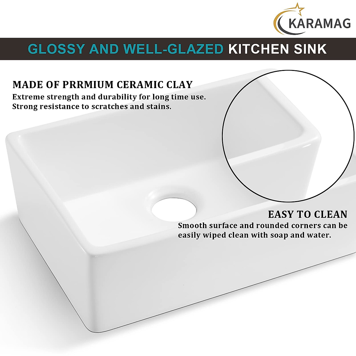 KARAMAG 24 Inch Farmhouse Kitchen Sink with Bottom Grid and Strainer, White Single Bowl Kitchen Sink Apron Front Ceramic Farm Sinks for Kitchens