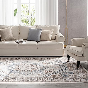Syalife Washable Rug Vintage Area Rugs, 8'x 10' Living Room Rug with Non Slip Backing, Ultra-Thin Medallion Distressed Non-Shedding Boho Rug, Persian Vintage Floor Mat Indoor Rug (FG11-Beige, 8'x 10')