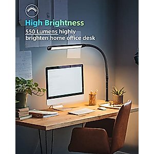 LED Desk Lamp with Clamp, 12W Gooseneck Task Light with 24V Adapter, 5 Brightness Levels & 5 CCT Adjustable Clip Table Lamp, Timer & Memory Functions, Eye-Caring Clamp-on Desk Lamps for Home Office