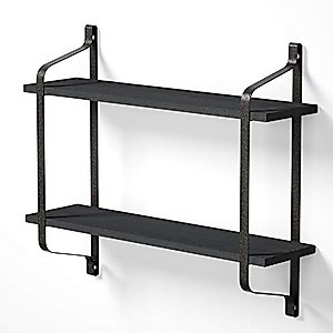 Love-KANKEI Floating Shelves Wall Mounted Industrial Wood Wall Shelves for Pantry Living Room Bedroom Kitchen Entryway, 2 Tier Heavy Duty Book Shelf Black
