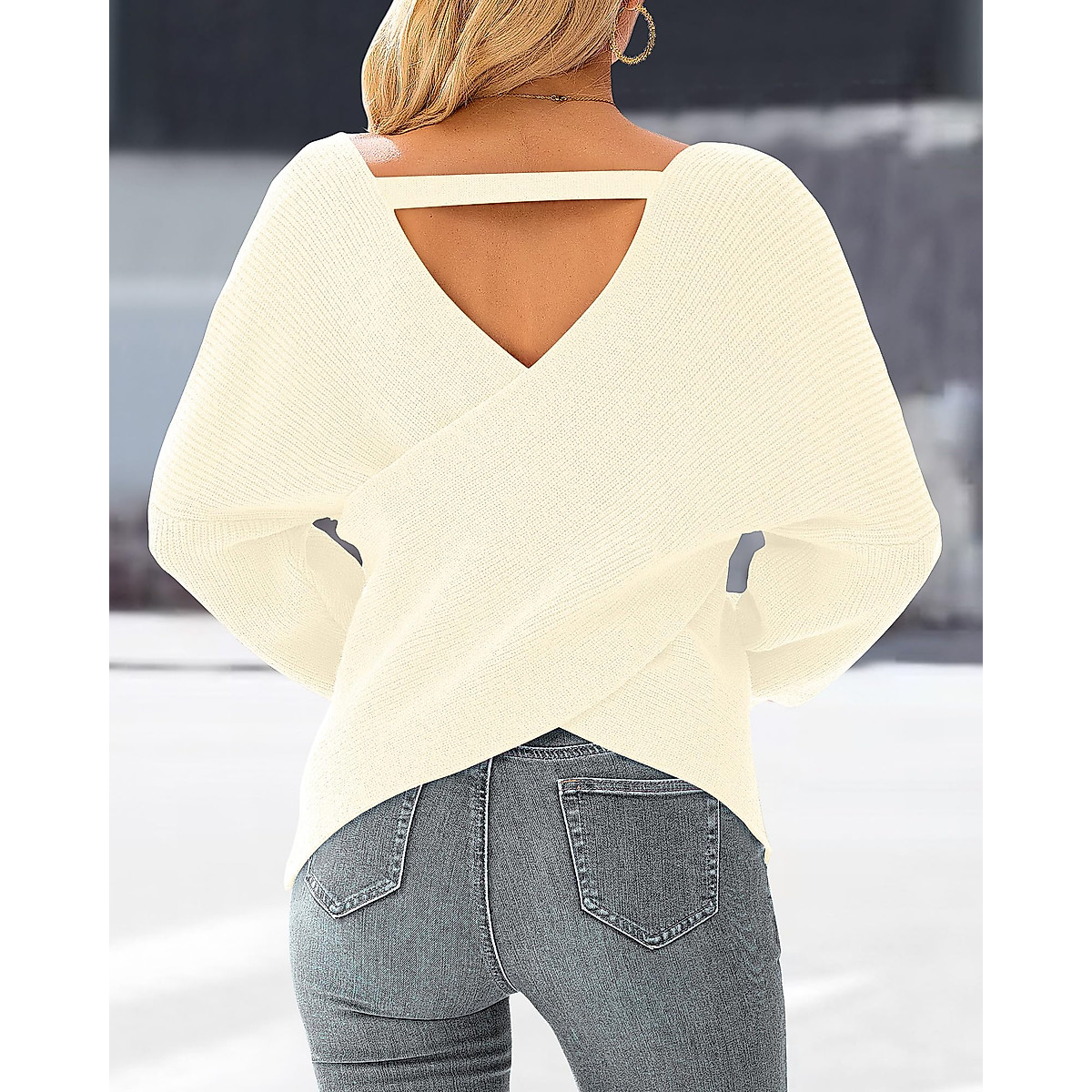 KIRUNDO 2024 Fall Winter Women's Long Sleeve Cross Wrap V Neck Knit Sweater Off Shoulder Backless Casual Pullover Tops(Apricot, Small)