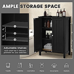 COSTWAY Bathroom Floor Cabinet - Freestanding Side Storage Organizer with Double Doors & Adjustable Shelf, Wooden Storage Cabinet for Living Room, Bedroom, Kitchen, Entryway (Black)