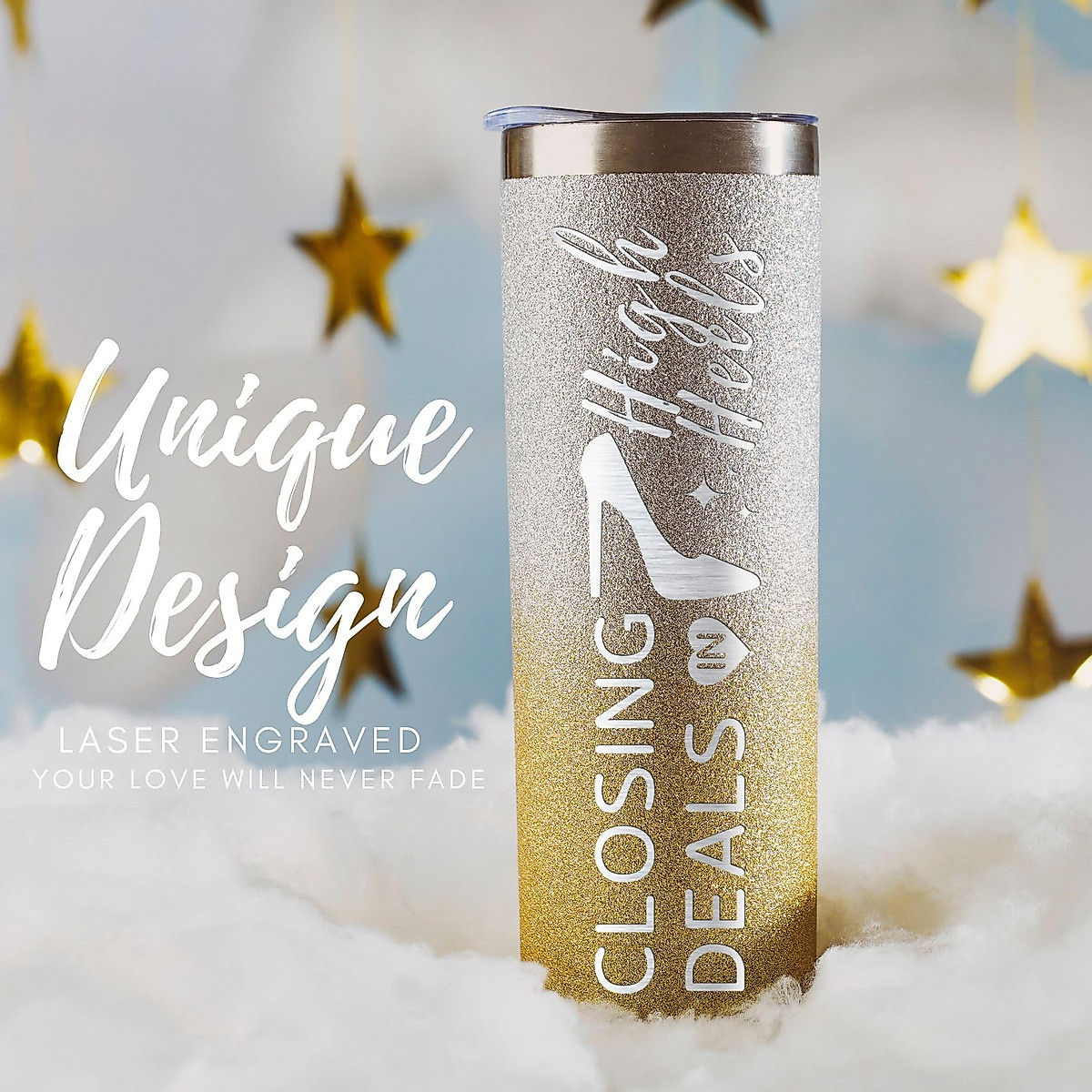 Onebttl Realtor Gifts for Women, Clossing Deals In High Heels, Funny Gifts for Real Estate Agent, Salesman, Boss, Coworkers, Employees, 20 Oz Stainless Steel Tumbler, Glitter Gold