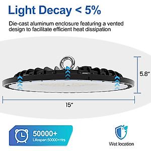 Sumkea 4 Pack 200W UFO LED High Bay Light, High Bay LED Shop Light Fixture 3000-6500K, 28,000lm, with 5' Cable US Plug, Safe Rope, Commercial Bay Lighting for Barn Factory Warehouse Church - Black