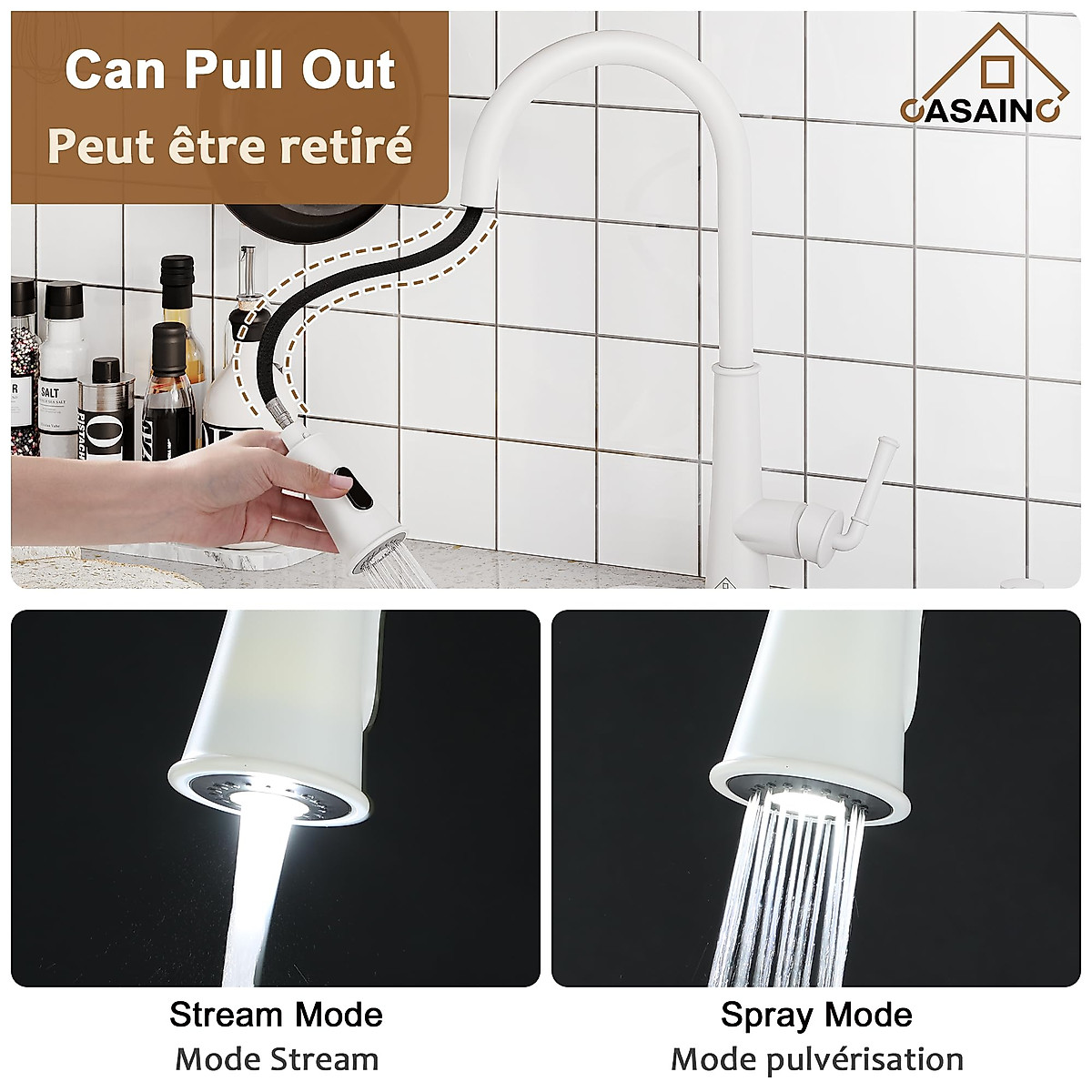 CASAINC Kitchen Faucet with Pull Down Sprayer Matte White with LED Function, 17.31in H Touchless 1.8 gpm Single Handle Kitchen Sink Faucet, Lead-Free Copper for Bar Laundry Kitchen Sink