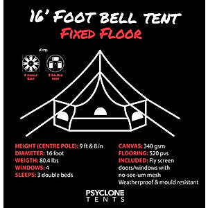 Psyclone Tents Fixed Floor 5m/16.4ft Luxury Bell Tent Outdoor All Weather 8-10 Person Cotton Canvas Yurt Large Tent for Family Camping Glamping Hiking and Festivals