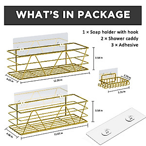 Carwiner Gold Shower Caddy Bathroom Shelves 3-Pack Basket with Soap Dish Holder, Stainless Steel Bathroom Organizer Shelf Rack Adhesive Shampoo Holder Wall Mounted for Kitchen