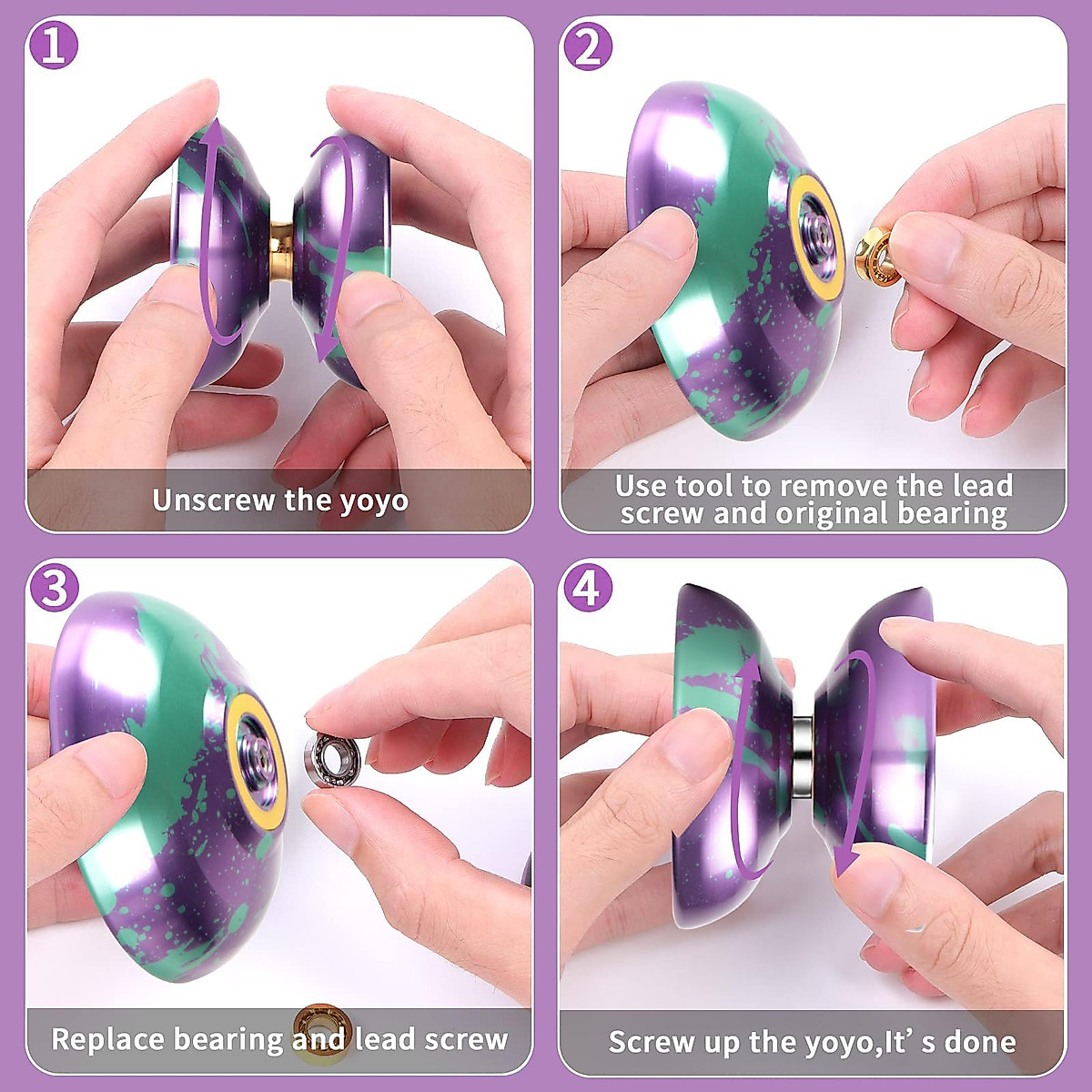 JOLESHARE Professional Unresponsive Yoyo for Pros and Responsive Yoyos for Kids Beginners, Package Includes Replaceable Responsive Bearings, yo-yo Gloves, and 5 yo-yo Cords(Purple Green)
