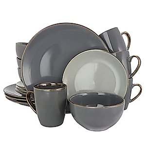 Elama Round Stoneware Grand Collection Dinnerware Dish Set, 16 Piece, Assorted Solid Gray