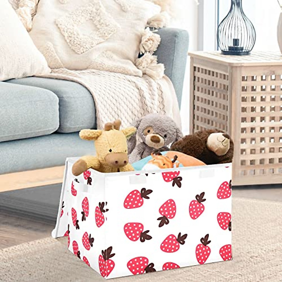 CaTaKu Graphic Red Strawberry Storage Bins with Lids and Handles, Fabric Large Storage Container Cube Basket with Lid Decorative Storage Boxes for Organizing Clothes