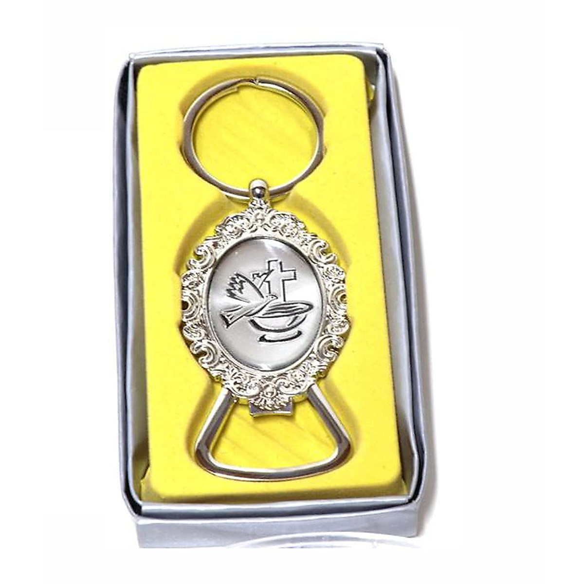 VL Communion Keychain Bottle Opener Holy Cup Dove Bird with Cross Party Favor Recuerdor De Mi Bautizo - 12PCS