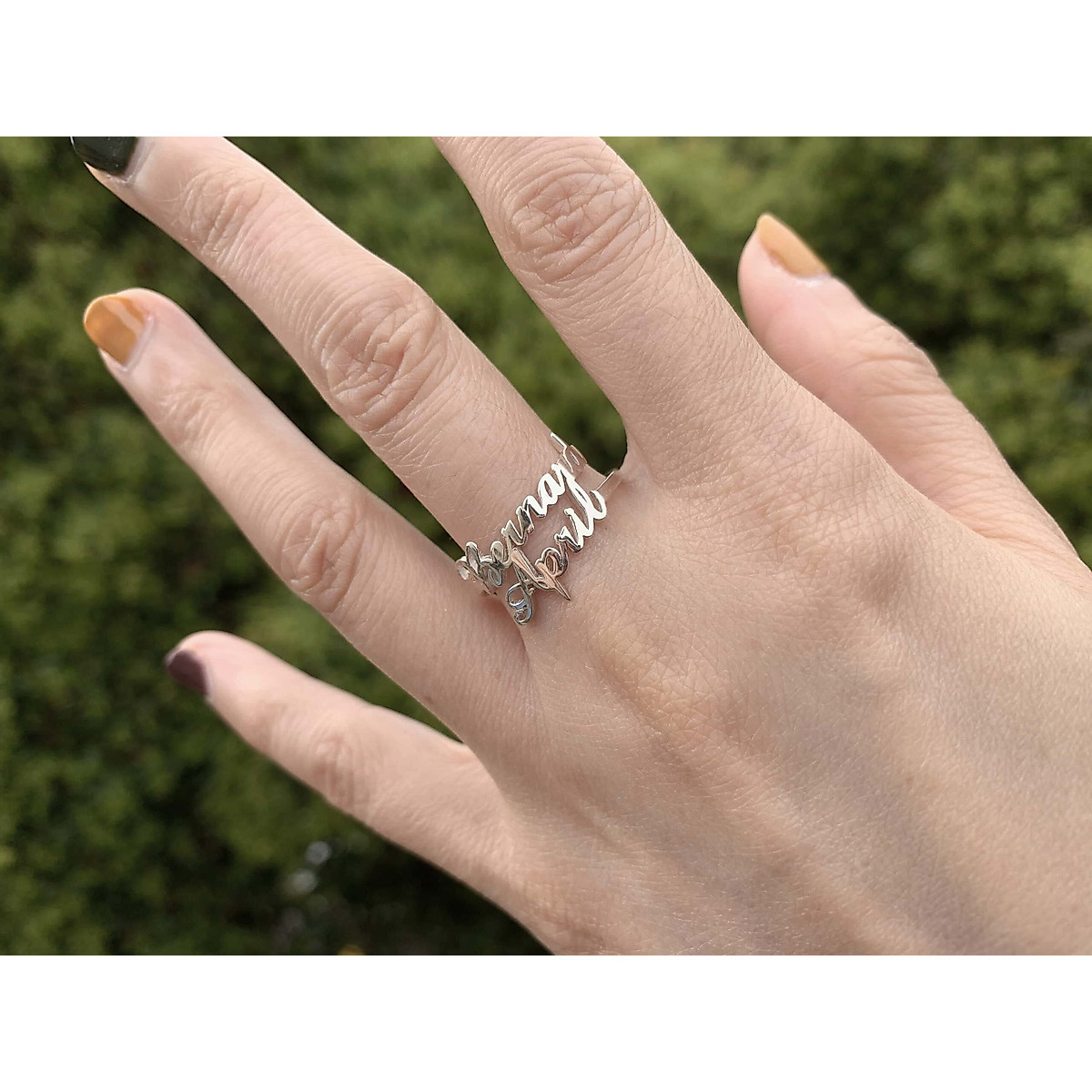 RMREWY 925 Sterling Silver Double Name Ring Personalized Name Ring Adjustable Name Ring Custom Mother Day Jewelry Birthday Gift for Women Mom, Size 5-12