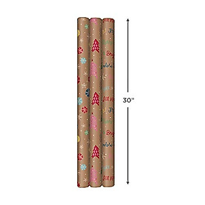 Hallmark Colorful Recyclable Christmas Wrapping Paper with Cut Lines on Reverse (3 Rolls: 90 sq. ft. ttl) Kraft Brown with Snowflakes, Pink Trees, "All Kinds of Merry"
