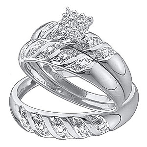 Sizes - L = 4.5, M = 9.5 - 10k White and Yellow 2 Two Tone Gold Mens and Ladies Couple His & Hers Trio 3 Three Ring Bridal Matching Engagement Wedding Ring Band Set - Round Diamonds - Princess Shape Center Setting (.09 cttw) - Please use drop down menu to