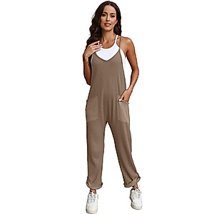 Nirovien Womens Waffle Knit Jumpsuits Oversized One Piece Romper Sleeveless Onesie with Pockets Fall Overalls(Dusty Khaki,L)