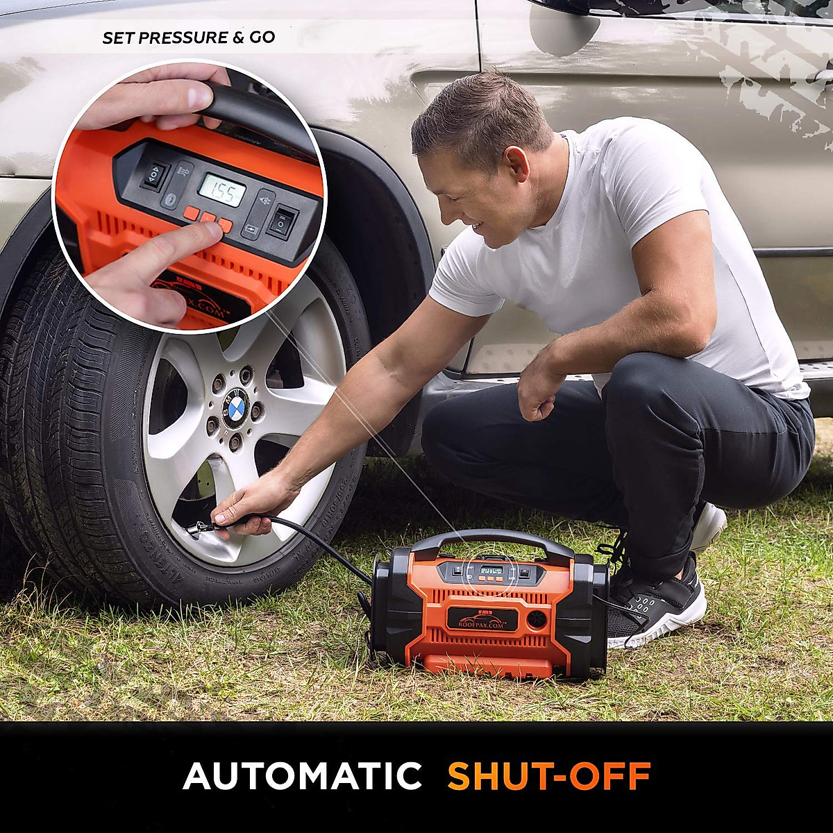 RoofPax Tire Inflator Portable Air Compressor for Car Tires 3 Power Sources AC/DC & Battery Heavy Duty Inflator/Deflator Digital Car Air Pump with Pressure Gauge 12V 110 AC 160 PSI For Car RV & Truck