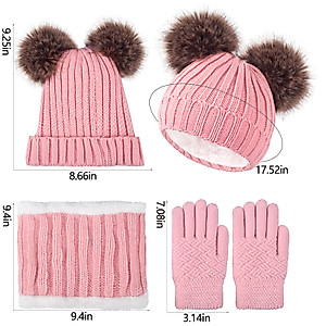 Kids Hat Scarf Gloves Set Girls Winter Warm Knit Beanie Soft Thick Fleece Lining Cap with Cute Double Fur Pom Pom Pink Toddler Children Baby Cold Weather Snow Accessories Crochet 6-10 Years