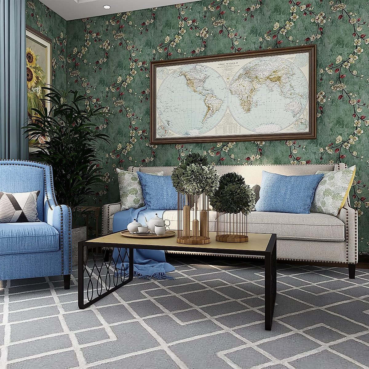 Dulanxer Flower Tree Wallpaper Peel and Stick Wallpaper Self Adhesive Removable Paper Wall Covering Shelf Drawer Liner Vinyl Roll 17.7" x 118", Green