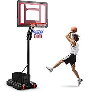 GYMAX Portable Basketball Hoop, 5 FT to 10 FT Adjustable Basketball Goal with 10 Heights, All Weather Basketball Stand System with Weight Bag & Wheels, for Kids Youth Adult, Indoor Outdoor Pool, Court