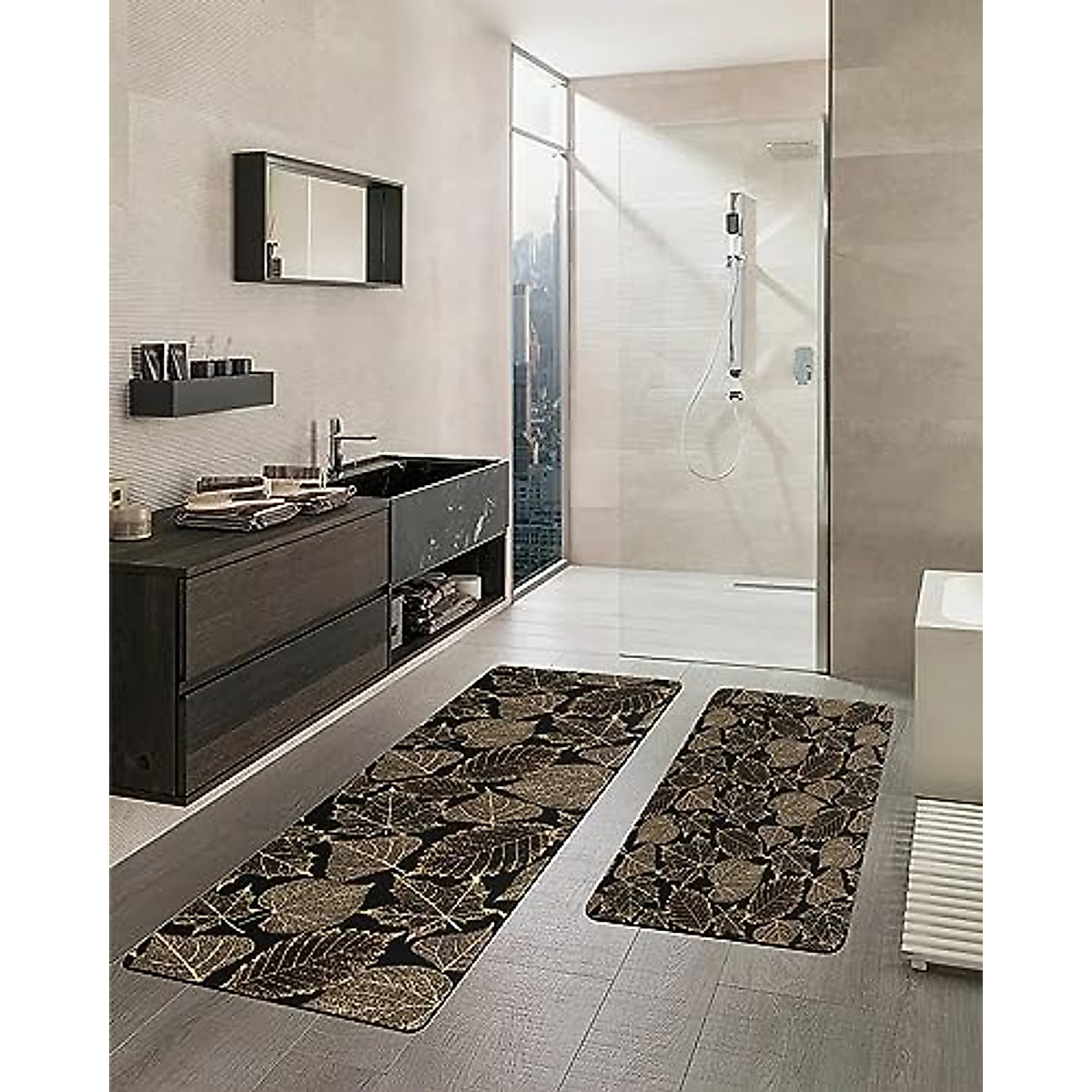 Thanksgiving Fall Bath Mat for Tub,Non Slip Bathroom Floor Runner Rug Quick Dry & Absorbent Diatomaceous Earth Shower Sink Kitchen Washable Doormat,Gold Autumn Maple Leaves Black Backdrop 16x24+16x47