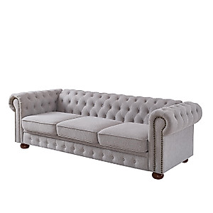Bellemave Chesterfield Sofa Couch 3-Seater Sofa with Nailhead & Rolled Arms Linen Tufted Couch with Rubber Wood Legs for Living Room, Office (Light Grey)