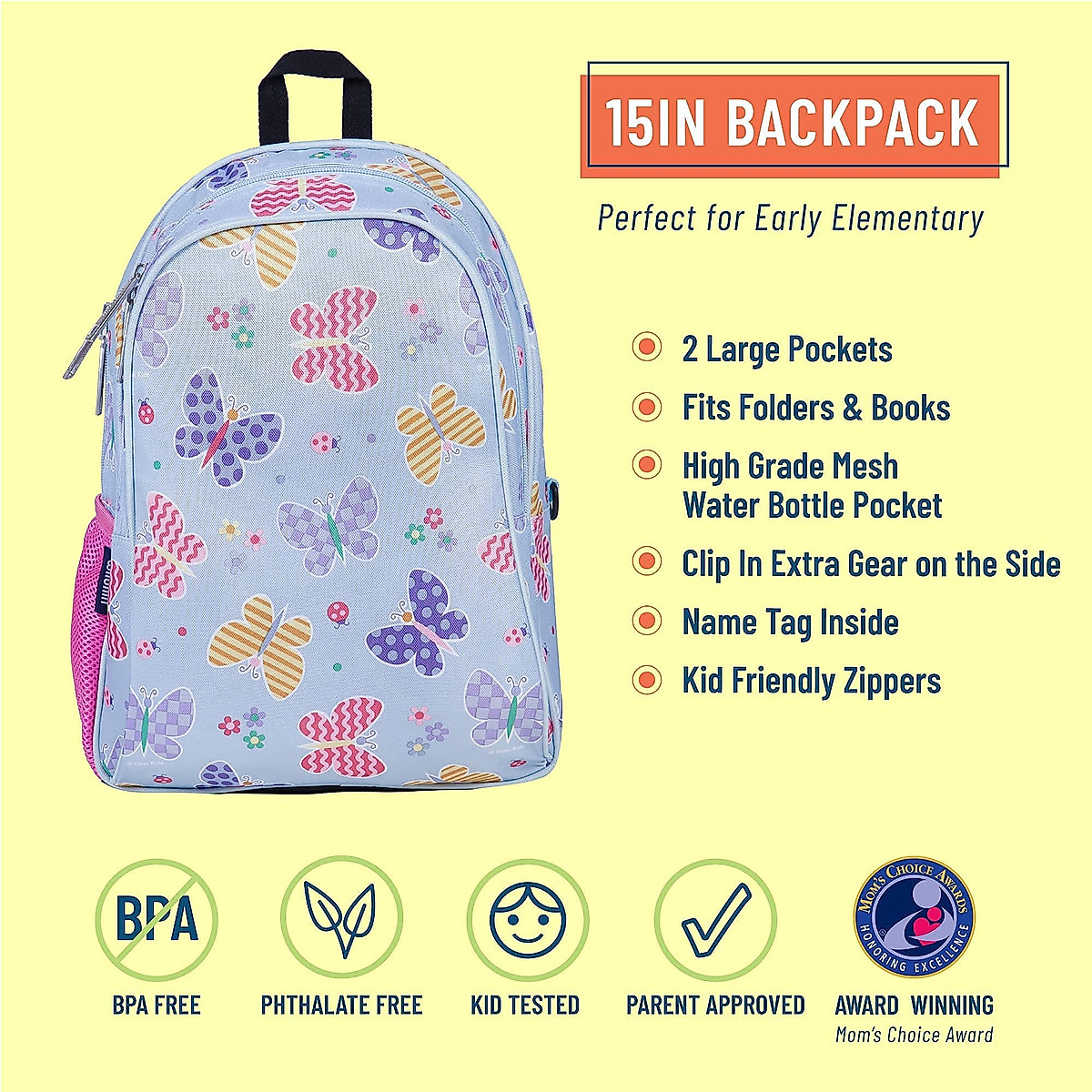 Wildkin 15 Inch Kids Backpack Bundle with Lunch Box Bag (Butterfly Garden)