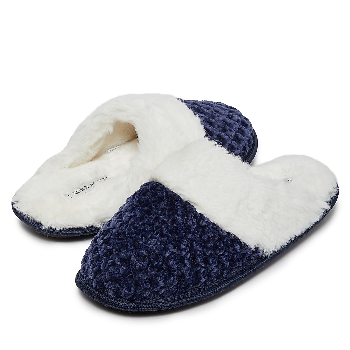Laura Ashley Women's Slippers, Plush Chenille Memory Foam Scuff Slide Slippers, Non Slip Indoor/Bedroom Shoes, Slip On Slippers for Women -Navy Blue/M