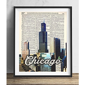 Chicago Color Skyline, Vintage Dictionary Art Print, Antique Wall Art Home Decor, Modern Boho Poster, Farmhouse Decoration Living Room Bedroom Office 8x10 Inches, Ready To Frame
