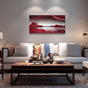 wall art for living room Red Lakes and trees under the starry sky red landscape painting office Wall Art Decor 20" x 40" single Pieces Canvas Prints Ready to Hang for Home Decoration Works For bedroom